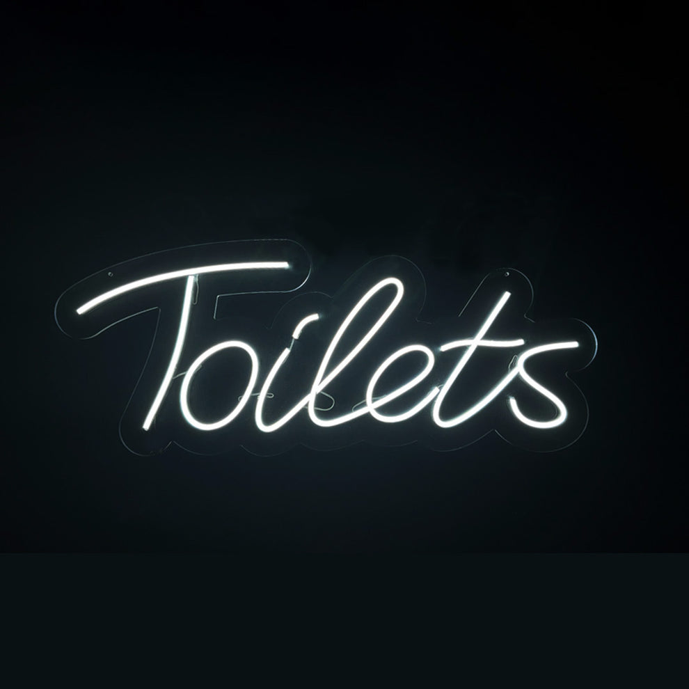 White LED Neon "Toilets" cursive on clear acrylic – Neon Flex Studio